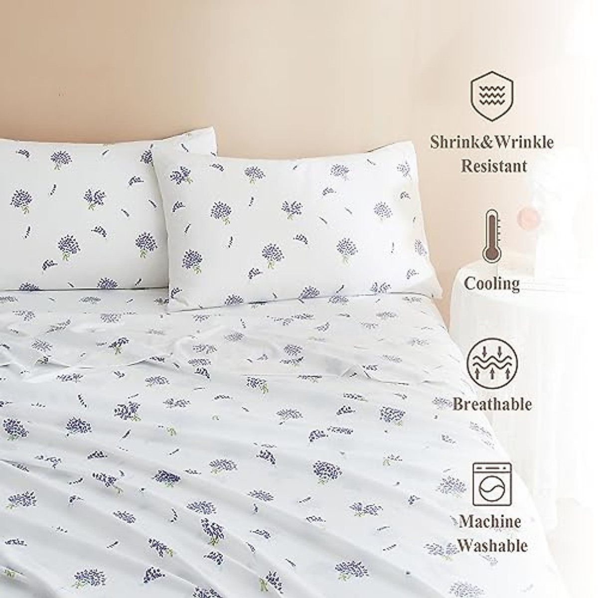 Extra Deep Pocket Full Sheets Set White - 4 Piece Floral Sheets Bed Sheets Fit 16 Mattress - Luxury Soft Cooling Sheets Fitted Sheets Full Size,Wrinkle Resistant,Full Sheets,Purple Floral Bed Sheets