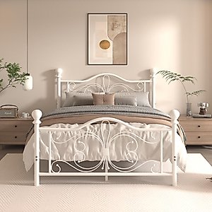 LoVinson Full Size Bed Frame，Metal Platform Bed Frame with Headboard, Butterfly Pattern Design Headboard & Footboard, Strong Metal Slat Support, Easy Assemble, No Box Spring Needed, Noise Free, White