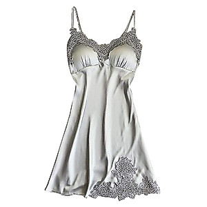 Aniywn Women Babydoll Nightgown Chemises Lace Lingerie Sleepwear Sexy V-Neck Full Slip Sleepdress Spaghetti Strap Nightdress Silver