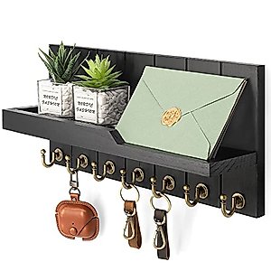 Rebee Vision Decorative Key and Mail Holder for Wall - Farmhouse 15 Inches Floating Shelf with 7 Sturdy Key Hooks for Home Entryway Wall Decor - Rustic Key Racks (Black)