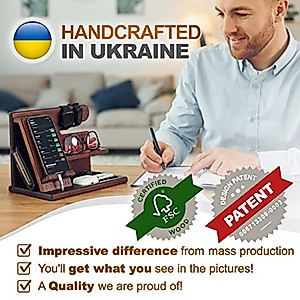 TESLYAR Wood Phone Docking Station Ash Key Holder Wallet Stand Watch Organizer Men Gift Husband Wife Anniversary Dad Birthday Nightstand Purse Father Graduation Male Travel Idea Gadgets… (Deep Brown)