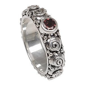 NOVICA Artisan Handmade Garnet Singlestone Ring Sterling Silver from Indonesia Red Birthstone [crownbezel 0.2 in H x 0.2 in Diam. Band Width 6 mm W] ' Swirls of Joy in Red'