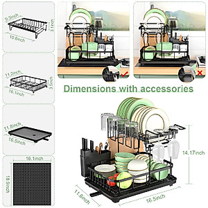 Loftiage Dish Drying Rack and Drainboard Set, Large Dish Racks for Kitchen Counter, 2 Tier Dish Strainers, Black Dish Drainer with Utensils, Pot, Knives, Cutting Board Holders and Drying Mat