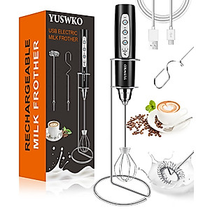 YUSWKO Rechargeable Milk Frother for Coffee with Stand, Handheld Drink Mixer with 3 Heads 3 Speeds Electric Stirrers for Latte, Cappuccino, Hot Chocolate, Egg - Black