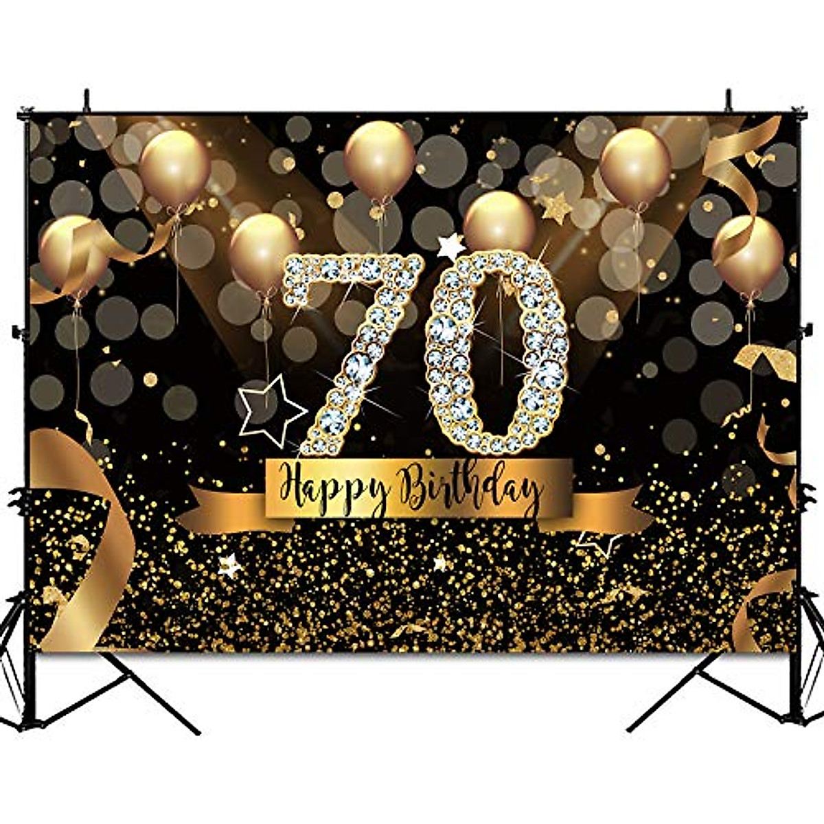 Sensfun Sparkle Gold 70th Birthday Backdrop Black Golden Balloons Photography Background for Women Shining Diamond Fabulous 70 Bday Party Decoration Supplies Happy 70th Birthday Photo Banner 7x5ft