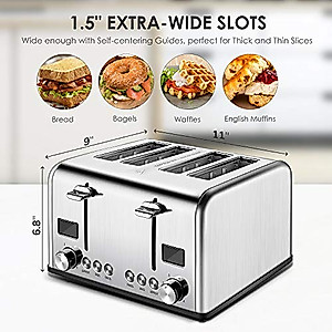 REDMOND 4 Slice Toaster, Countdown Stainless Steel Toaster with Bagel, Defrost, Cancel Function, Extra Wide Slots, 6 Bread Shade Settings, 1650W, ST030