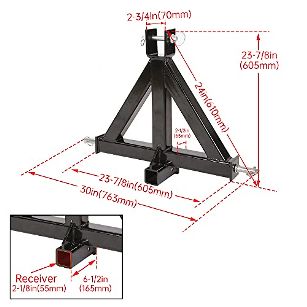 3 Point 2" Receiver Trailer Hitch Category 1Tractor Tow Drawbar Pull Black Heavy Duty