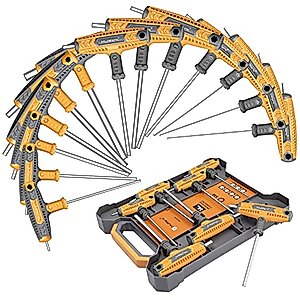 MULWARK 14 PC T-handle Allen Wrench Set Metric and Standard with T Handle Hex Key and Long Hex Driver Set with Wall-mounted Storage Box, Clear Marking, Two-Tip Design and Chamfered Tips