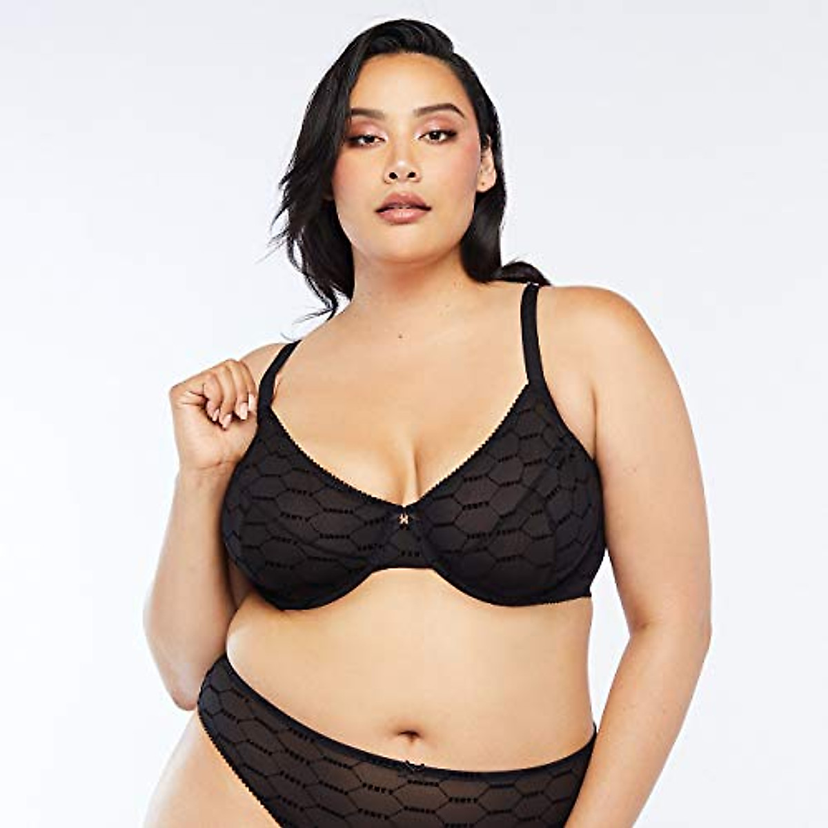 Savage X Fenty, Women's, Curvy Flocked Logo Unlined Bra, Demi Cup, Underwire, U-Back, Adjustable Straps, Black Caviar, 38DDD