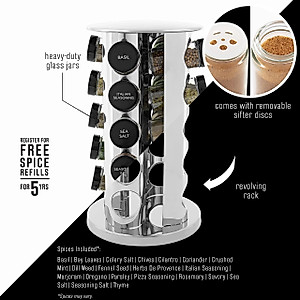 Kamenstein Revolving 20-Jar Countertop Rack Tower Organizer with Free Spice Refills for 5 Years, Polished Stainless Steel with Black Caps