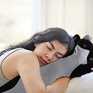 shangman Lovely Plush Cat Doll Cute Cartoon Soft Stuffed Kitten Pillow Long Throw Sleeping Pillow Doll Toy Valentines Day Gift for Kids Girlfriend (Black, 50cm/19.6in)