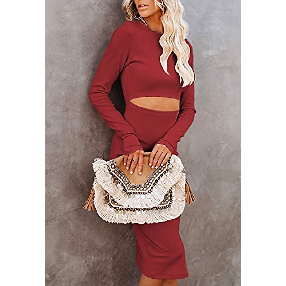 Uusollecy Women's Long Sleeve Cutout Dress, Sexy Bodycon Midi Dresses, Fall Dress for Women Knee Length Red X-Large