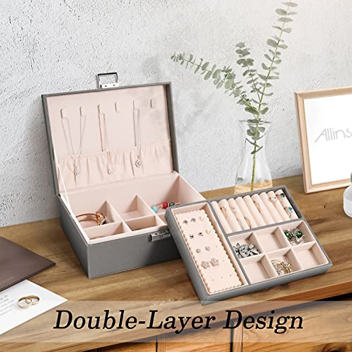 Allinside Jewelry Box Organizer for Women Teen Girls, 2 Layers PU Leather Jewelry Display Storage Case with Lock, Velvet Lining, Choice, Gray