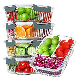 KOMUEE Glass Meal Prep Containers 3 Compartment with lids, 5 Pack 36 oz, Airtight Food Storage Glass Lunch Bento Box, Dishwasher and Microwave Safe,Gray