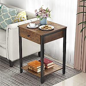 Ecoprsio Nightstand Set of 2 Industrial End Table Side Table with Drawer and Storage Shelf Wood Night Stand Rustic Bedside Table for Bedroom, Living Room, Sofa Couch, Hall, Easy Assembly