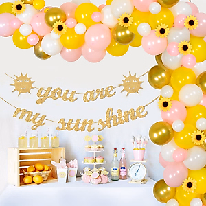 Sunflower Balloon Garland Arch Kit Pink Yellow, You Are My Sunshine Banner Party Decorations, Artificial Sunflower for Girls Birthday Party, Baby Shower, Wedding, Graduation, Anniversary
