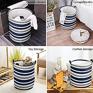 Laundry Basket Striped,Waterproof Collapsible Clothes Hamper Navy Blue Gray and White Stripe,Large Storage Bag for Bedroom Bathroom 16.5x17In