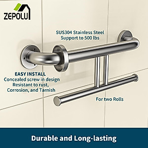 Brushed Nickel Handicap Grab Bar w/Toilet Paper Roll Holder, Zepolu 2-in-1 Safety Assist Bar Balanced Support Handle 17 Inch, Stainless Steel Wall Mounted Bathroom Toilet Grab Bar for Senior Elderly