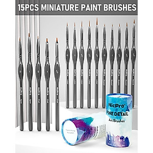 Nicpro Fine Detail Paint Brush Set, 15PCS Fine Tip Miniature Painting Brushes for Fine Detailing, Miniature Model 40k, Paint by Numbers & Acrylic, Watercolor, Oil Painting- with Container
