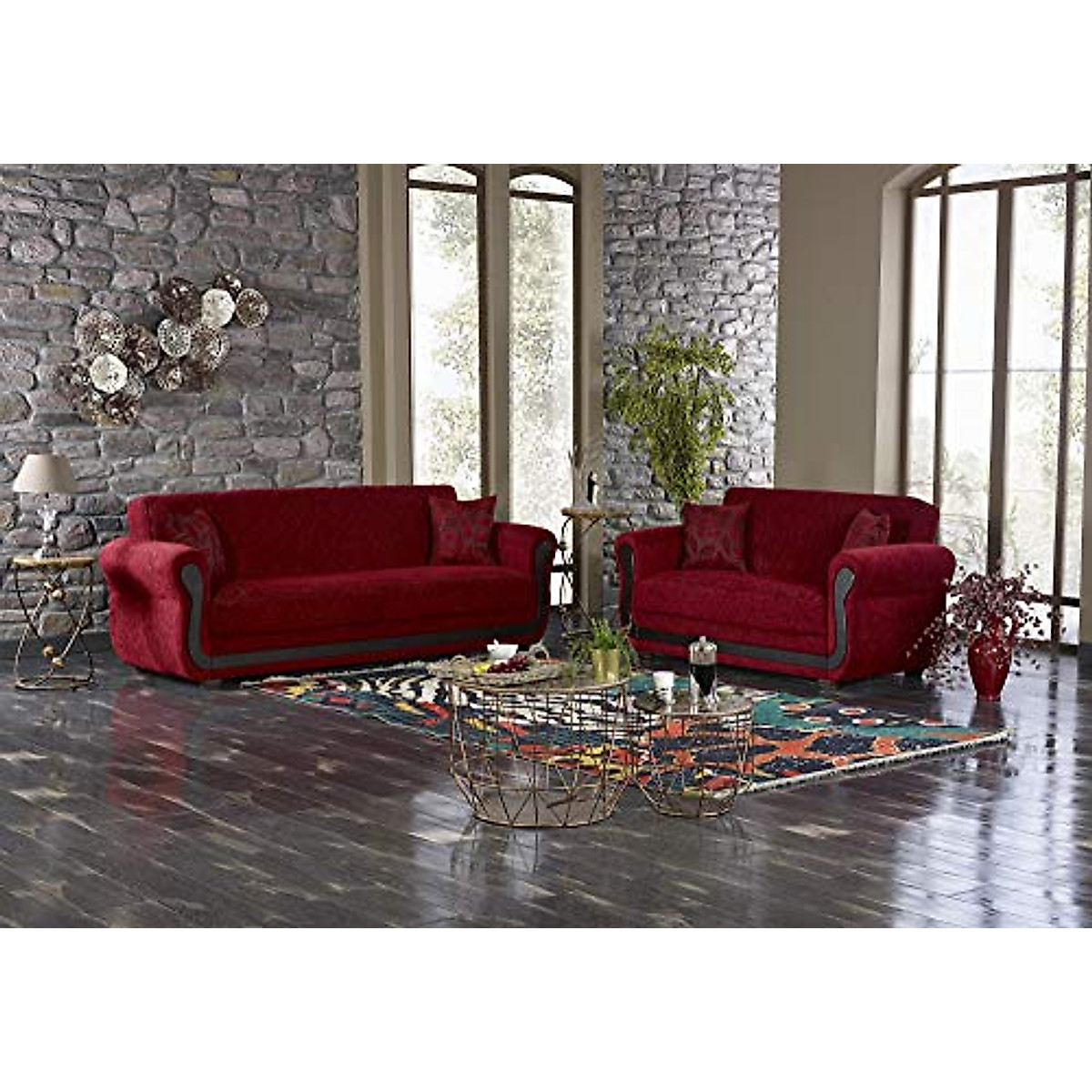 Beyan Signature Empire Furniture USA Park Ave Collection Convertible Sofa Bed with Storage Space and Includes 2 Pillows, Red