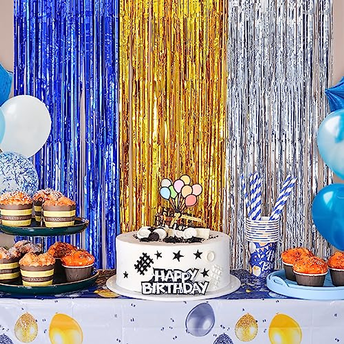 LOLStar 2 Pack Navy Blue Gold and Silver Party Decorations 3.3X6.6 ft Each Foil Fringe Tinsel Curtains Backdrop, Streamers - Perfect for Birthdays, Showers, Retirement， Graduations, Weddings