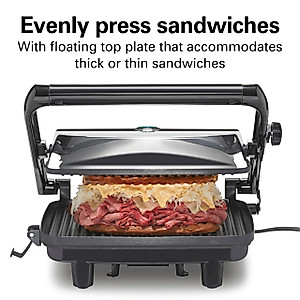 Hamilton Beach Electric Panini Press Grill with Locking Lid, Opens 180 Degrees for any Sandwich Thickness (25460A) Nonstick 8" X 10" Grids Chrome Finish, Medium