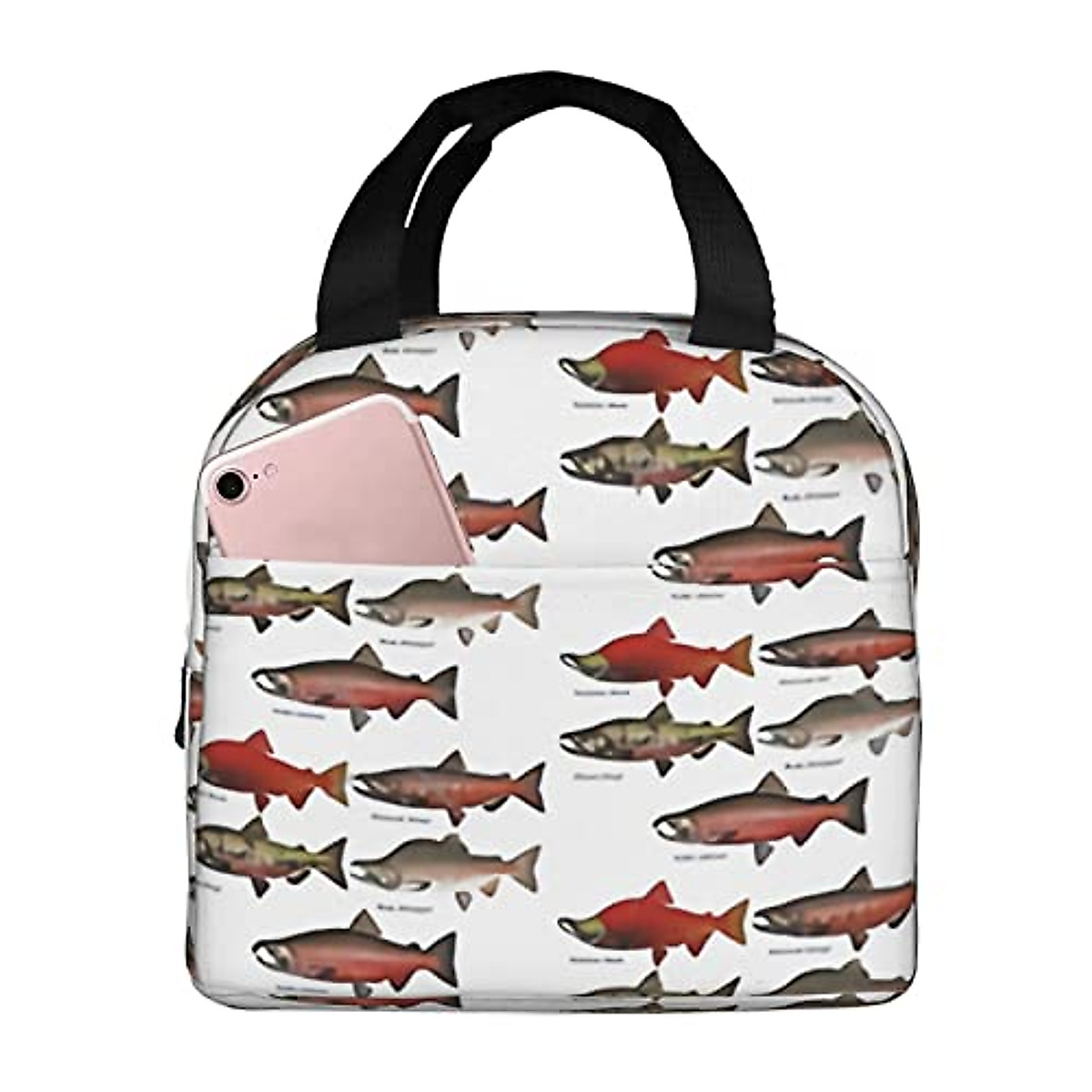 ASEELO Salmon Print Insulated Lunch Box Bag Portable Aluminum Foil Thickened Lunch Bag With Rice Tote Bag