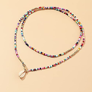 Boho Rainbow Beaded Necklace Layered Neck Chain Multi Color Bead Choker Necklaces Shell Star Butterfly Collar Jewelry Colorful Flower Chain Beach Travel Hawaiian Costume Jewelry-Shell