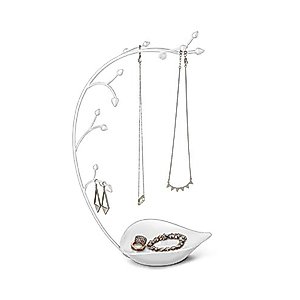 Umbra, White Orchid Jewelry Organizer and Necklace Holder with Built-In Dish for Rings, Earrings, and Bracelets