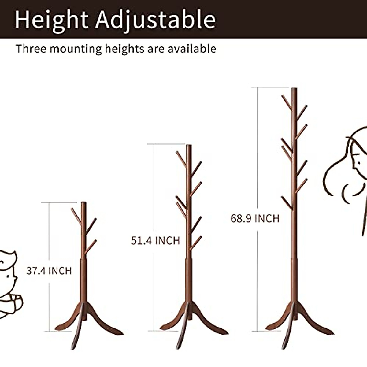 Coatrack 8 Standing Bamboo Coat Rack Hat Hanger 8 Hook for Jacket, Purse, Scarf Rack, Umbrella Tree Stand (Brown)