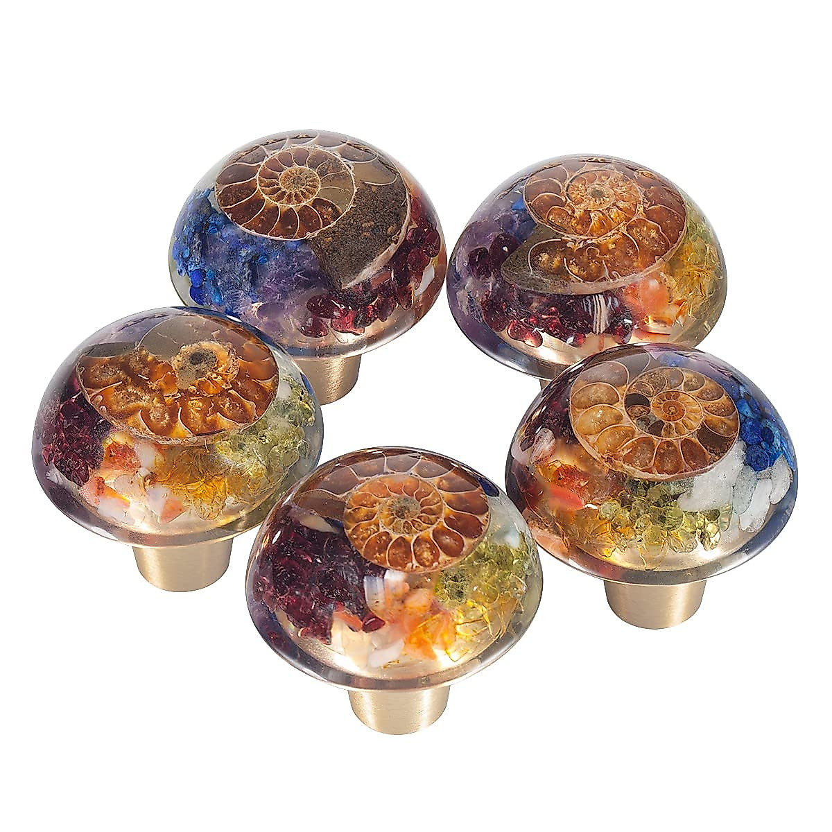 SUNYIK 4PCS 7 Chakra Ammonite Fossil Drawer Knobs with Screws, Round Crystal Stone Pull Handles for Cupboards Dressers Doors Wardrobes Furniture Home Decor