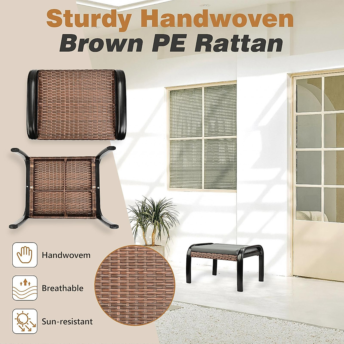 Deguifei Patio Footstool Ottoman Outdoor Foot Rest with Aluminum Frame Rattan Furniture Foot Stools Seat with Soft Cushion for Garden Yark 2 Set Brown