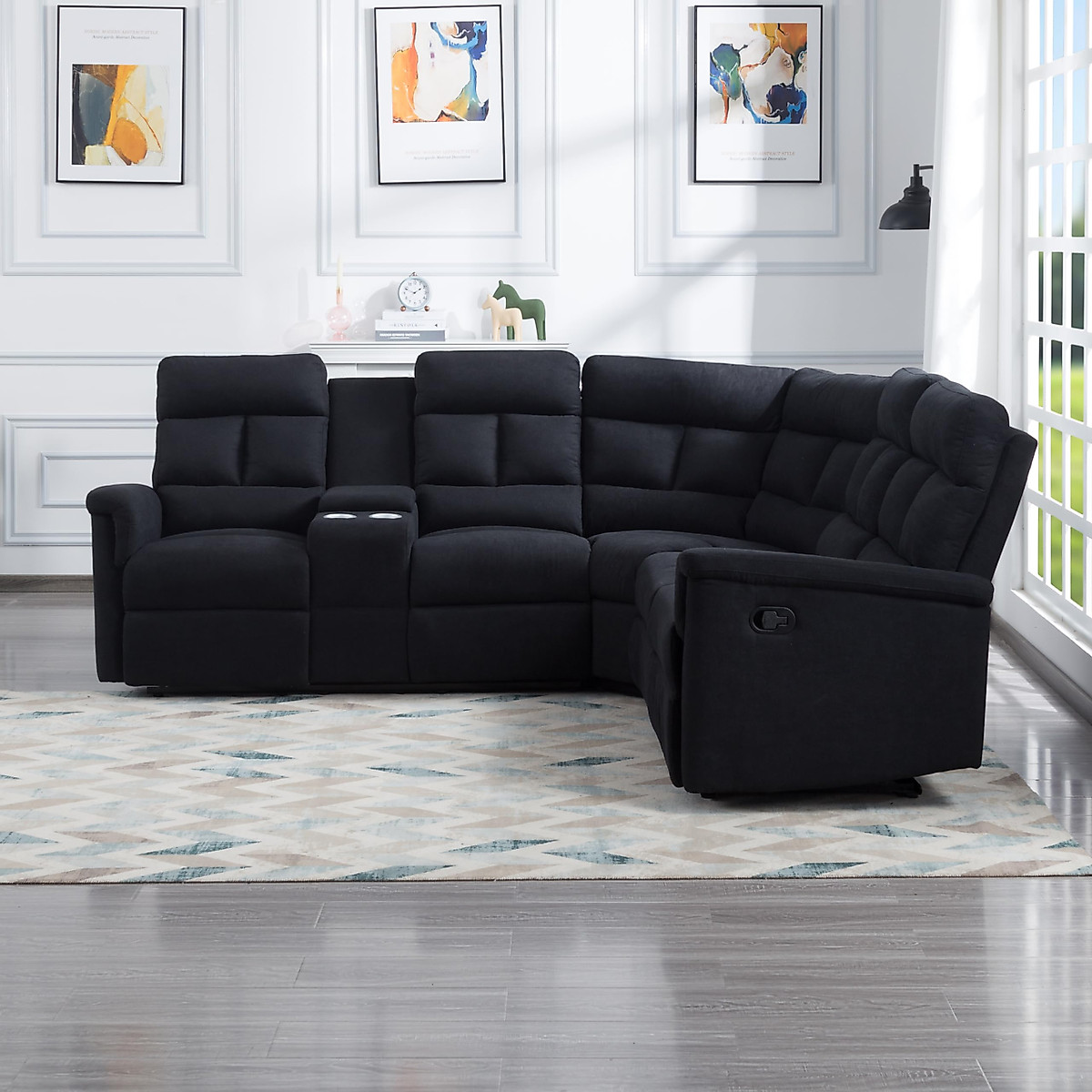 EMKK Modern Manual Reclining Motion Sectional Sofa Corner Leather Upholstered Sofá Curved L-Shaped Couch W 2 Cup Holders for Living Room Furniture Sets Villa/Apartment/Office/Home Theater Lounge Seat