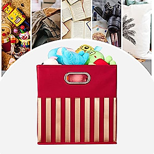 HSDT Fabric Storage Cube Bins 13x13x13 Inch Foldable Boxes Red Cloth Basket with Golden Strip Pattern for Shelves or Closet Organzier,QY-SC33-3
