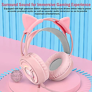 Atrasee 7.1 Surround Sound Cat Ear Gaming Headset with Mic for PS4 PC PS5 Xbox One Nintendo, Noise Cancelling Kitty Headphones w/LED Lights, Soft Earmuff, 3.5mm Aux for Mac Laptop Girls Kids, Pink
