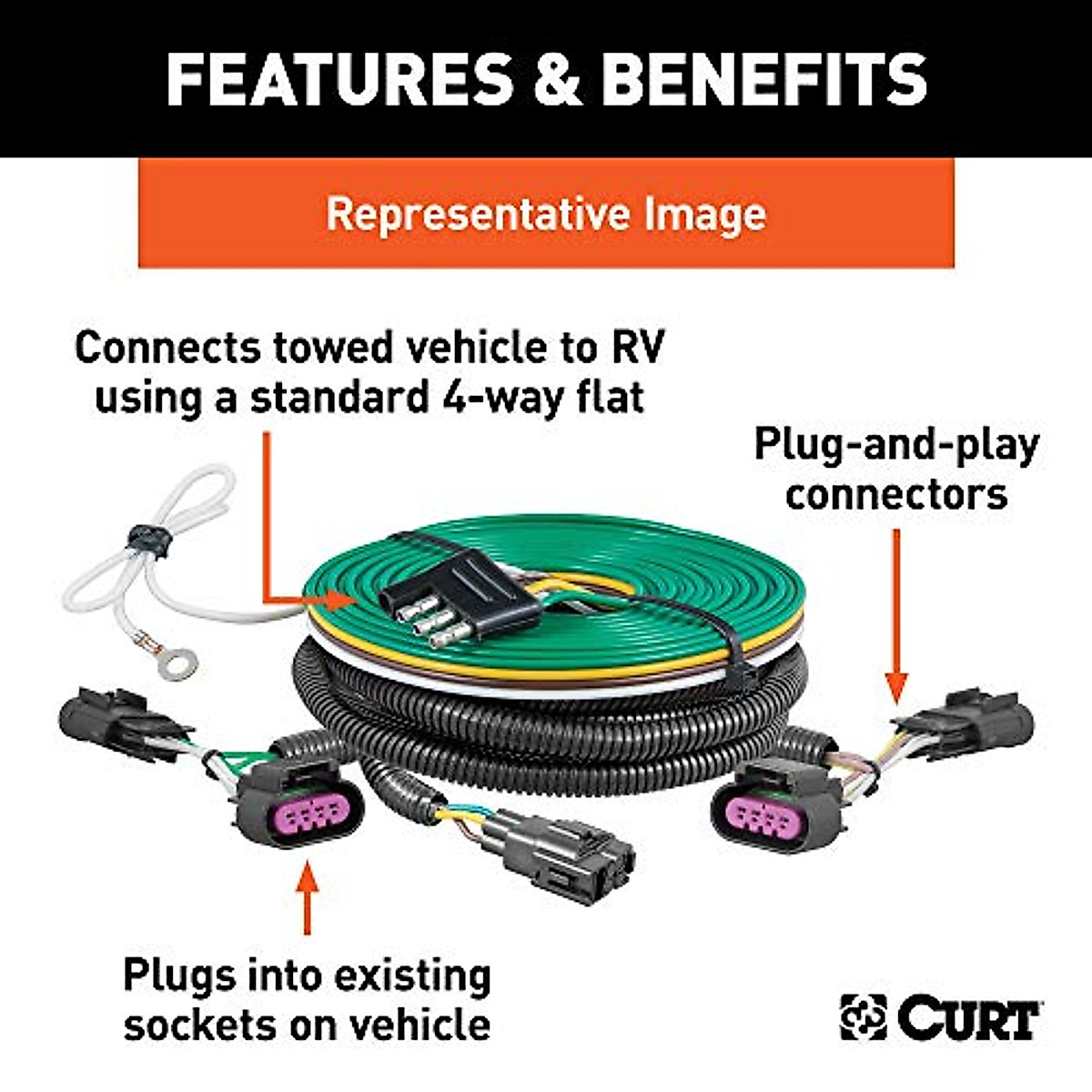 CURT 58916 Custom Towed-Vehicle RV Wiring Harness for Dinghy Towing, Fits Select Dodge, Ram 1500, 2500, 3500 , Black