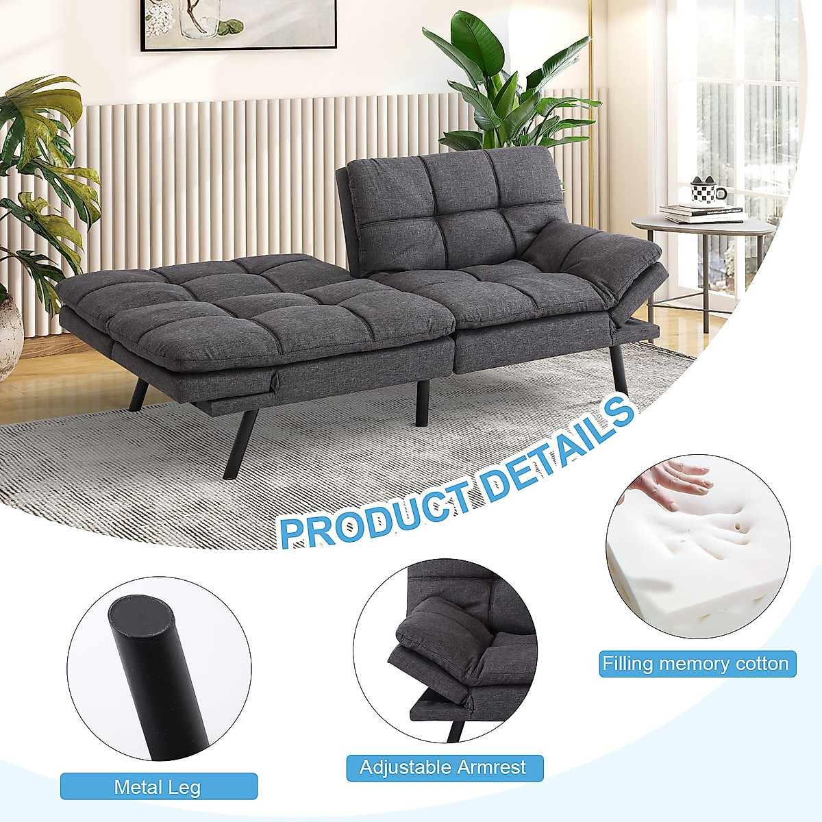 MUUEGM Modern lounge Sofa Bed, Dark Gray Linen Fabric Futon Couch, Convertible Foldable Memory Foam Sofa Bed, Small Sofa Bed with Loveseats for Living Room.(Dark Gray,Fabric)