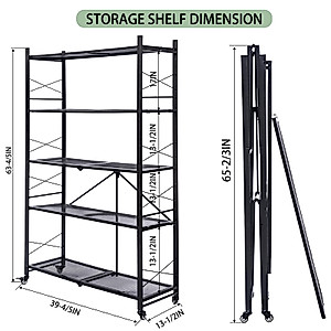 GREZJXC 5-Tier Metal Shelving with Wheels and 12 Hook, Rolling Storage Shelves Foldable Shelves,Wire Shelving.Heavy Steel Material Pantry Shelves Holds up to 1250 lbs
