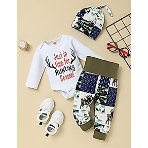 Newborn Baby Boy Clothes Outfits Letter Print Romper + Hunting Elk Pants+Hat 3PC Clothing Set (C-White, 0-3Months)