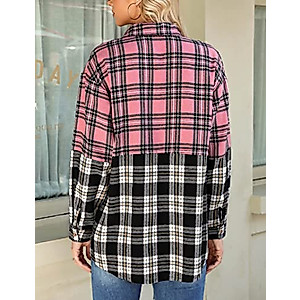 KOJOOIN Women's Oversized Flannels Plaid Color Block Oversized Button Down Shirts Patchwork Lightweight Blouses Pink&Black L