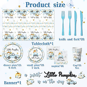 Little Pumpkin Baby Shower Decorations Tableware,142Pcs A Sweet Little Pumpkin is On The Way Boy Blue Floral Truck Disposable Tablecloth,Plates,Napkins for Autumn Fall Thanksgiving Party Supplies