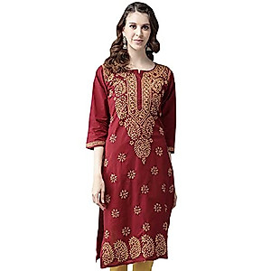 Ada Hand Embroidered Indian Traditional Chikan Women's Cotton Kurti Kurta Tunic Dress A188266 (XL, Maroon)