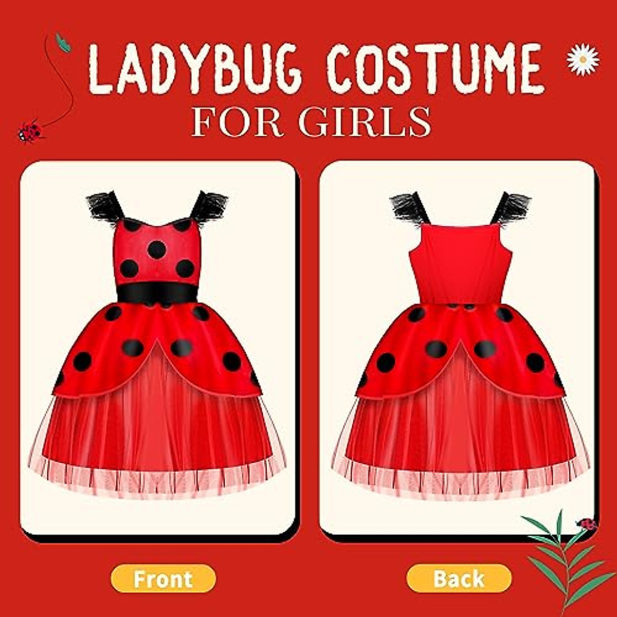 INNOCHEER Ladybug Dress Costume for Girls, Ladybug Costume Toddler Halloween Birthday Dress Up Pretend Play for Kids 2-10