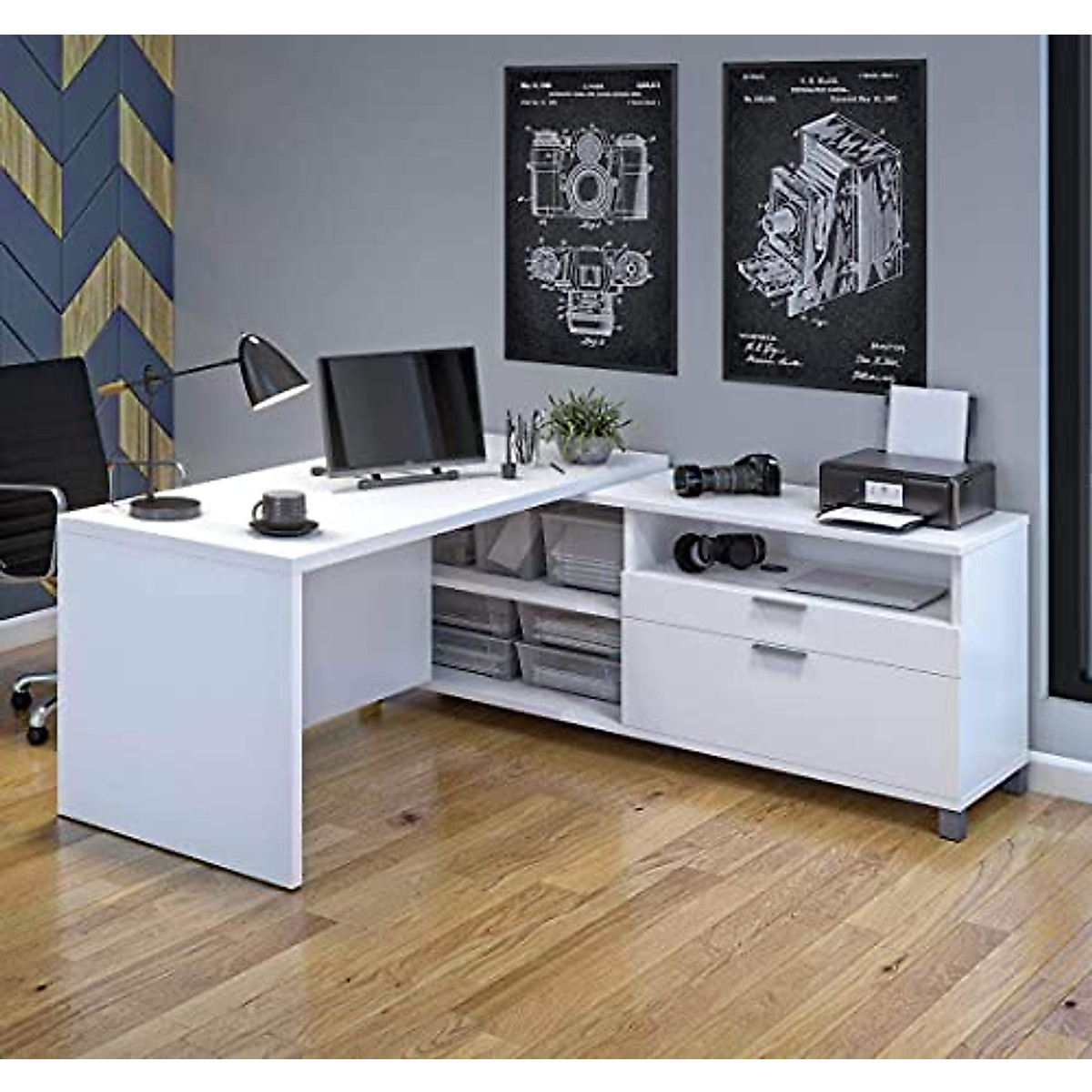 Bestar Pro-Linea L-Shaped Office Desk, 72W, White