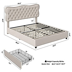 HOSTACK Queen Bed Frame with 4 Storage Drawers, Upholstered Platform Frame with Button Tufted Headboard, Heavy Duty Mattress Foundation with Wooden Slats, No Box Spring Needed (Beige)