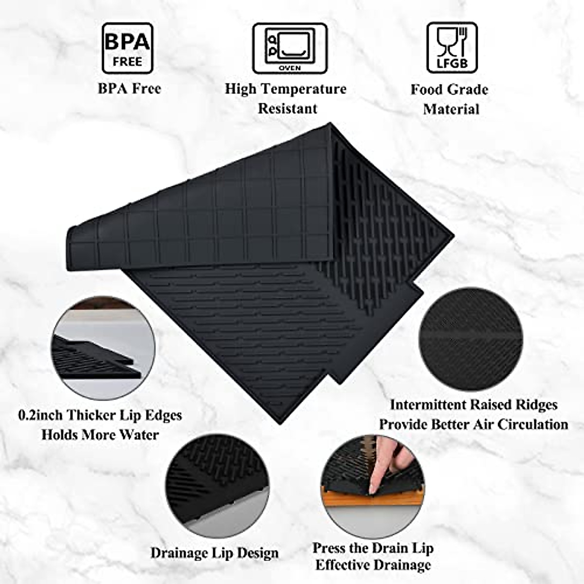 Fimary Silicone Dish Drying Mat with Drain Lip, 17" x 13'' Rubber Dish Drying Mat with Wedge Slope Water Collection, Drying Mat for Kitchen Counter, Easy to Clean Draining Mat Dishwasher Safe (Black)