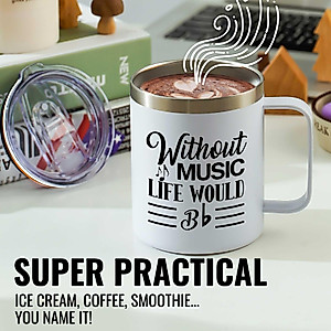 Onebttl Music Lover Gifts For Men, Male, Him - Without Music Life Would B Flat - 12 oz /350 ml Insulated Mugs with Lid - Musician Gifts, Musical Lovers Gift - (White)