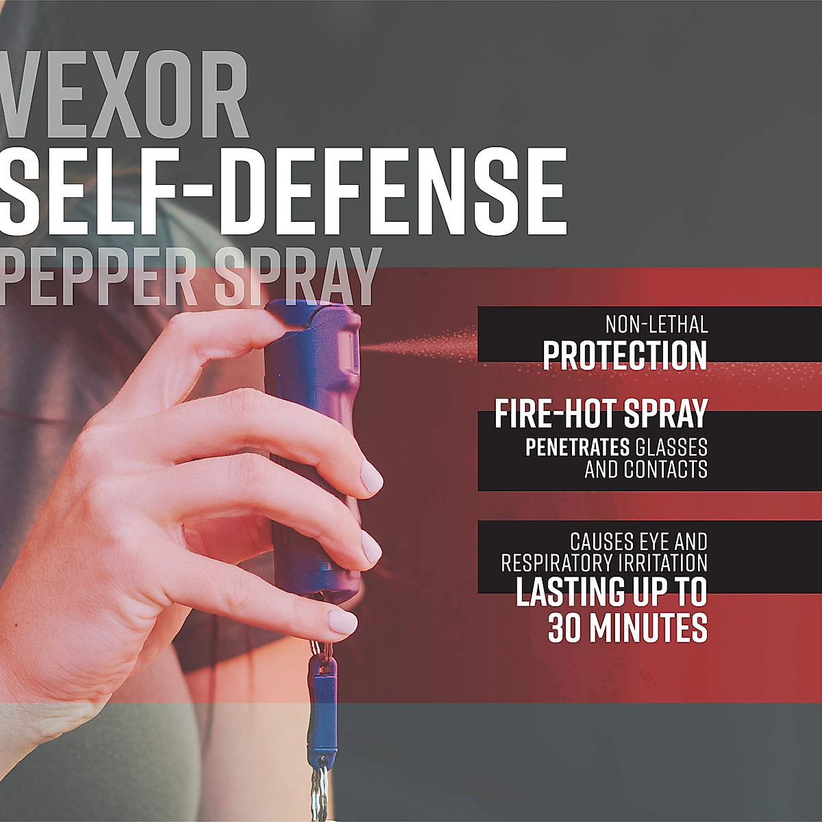 VEXOR Police Strength Pepper Spray, Flip-Top Finger Grip, 20+ Shots, 10-12 Ft. Range w/Key Release (Purple)