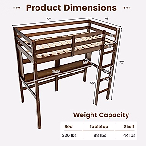 Giantex Twin Loft Bed, Wooden Bed Frame with Desk and Bookshelf, Loft Bed for Kids Teens, No Box Spring Needed, Brown