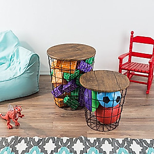 Lavish Home End Storage – Nesting Wire Basket Base and Wood Tops – Industrial Farmhouse Style Side Table, Set of 2 - Round Black, Brown